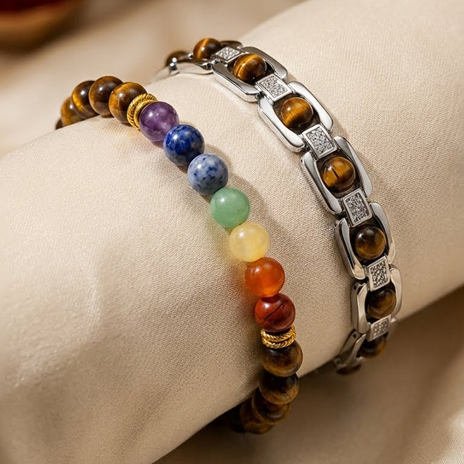 Vigraha Shakti Combo: Tiger Eye Link Chain & 7 Chakra Crystal Bracelet ...
