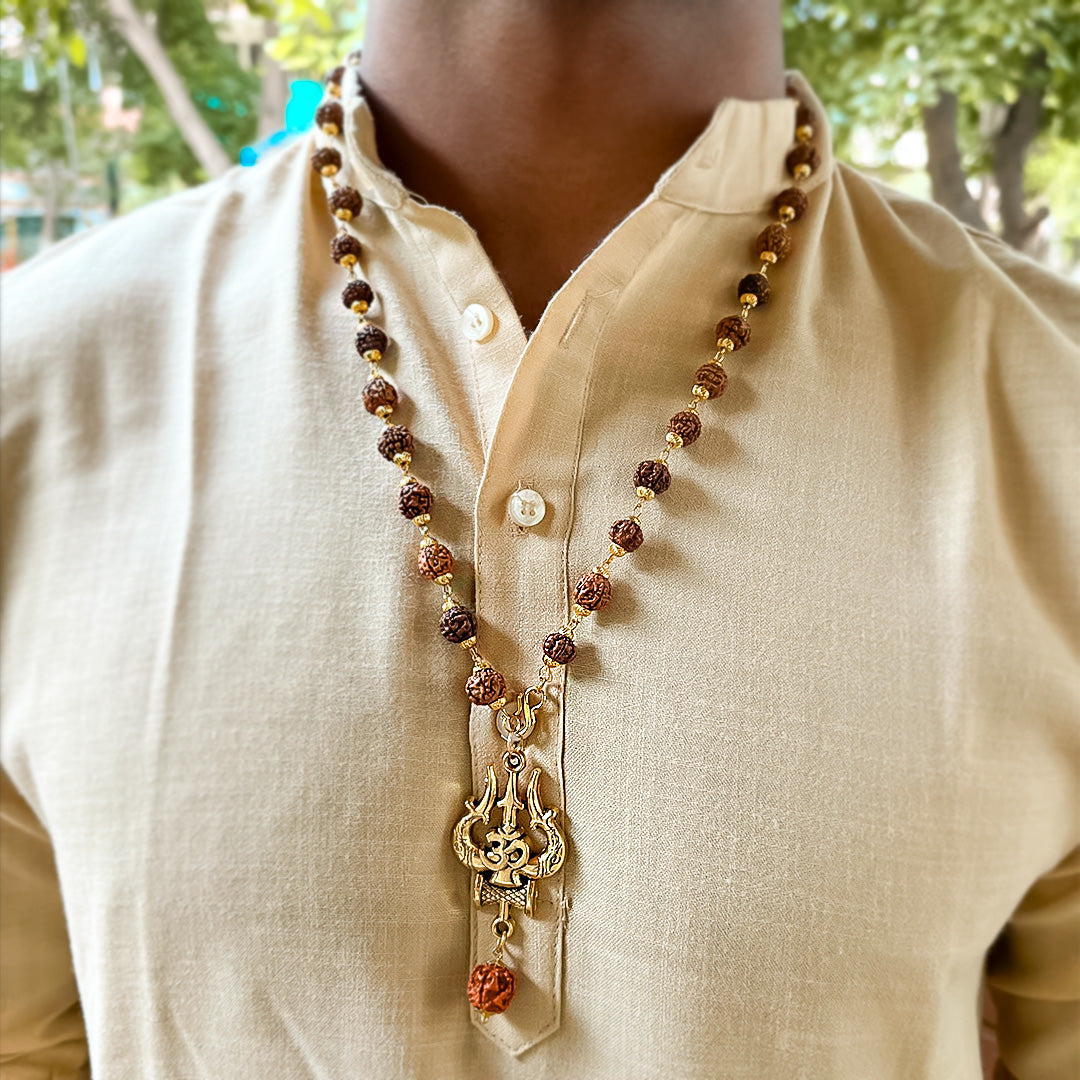 Gold Plated Rudraksha OM Shiva Trishool Necklace - Divine Jewelry ...