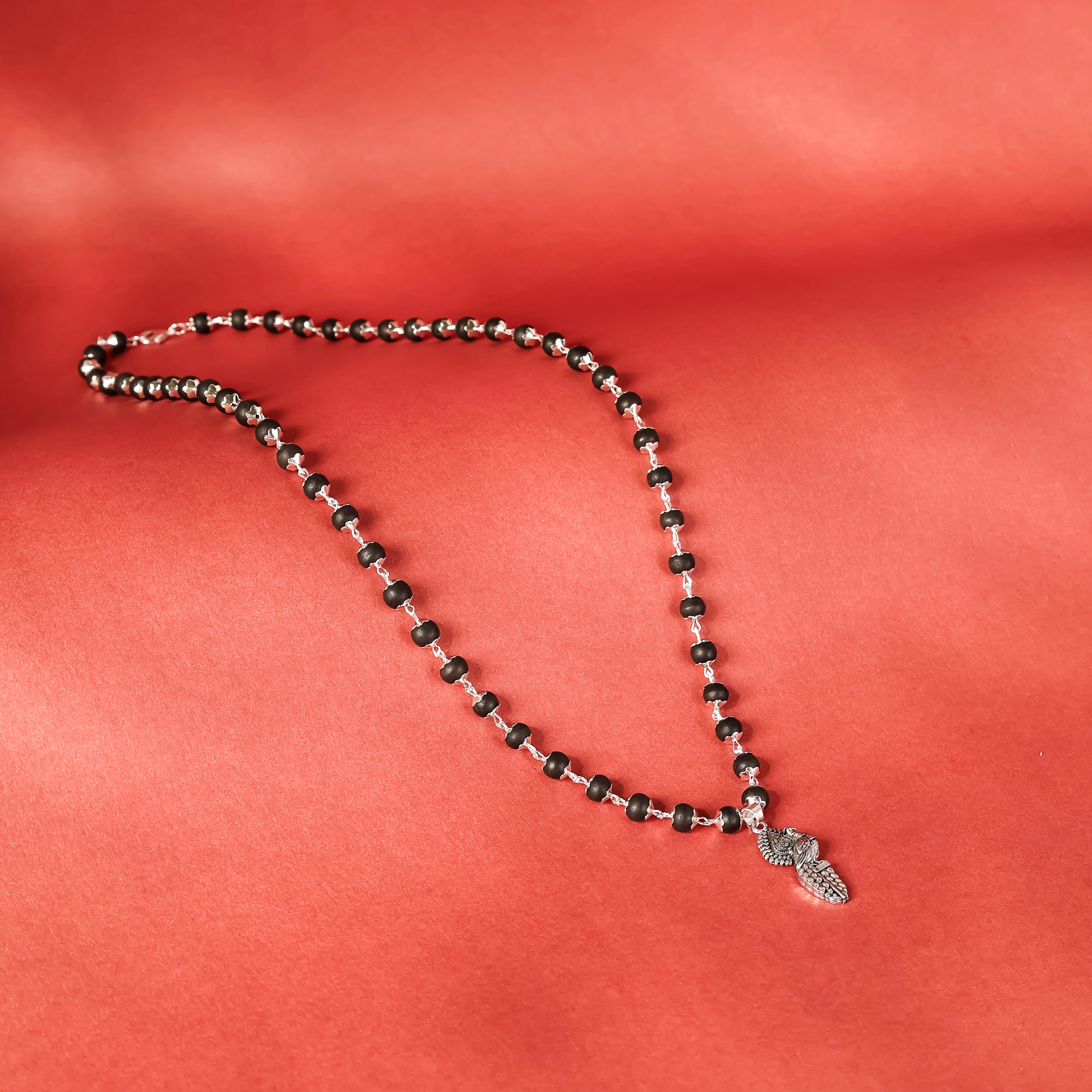 Silver Cap Karungali Mala with Vel Peacock Pendant | Divine Hindu