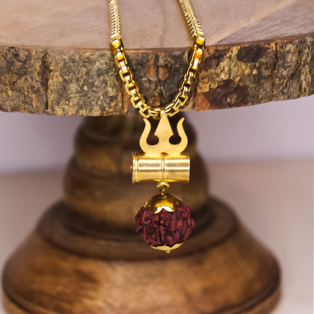 Gold-Plated Shiva Damru Trishul Rudraksha Chain Necklace | Divine Hindu