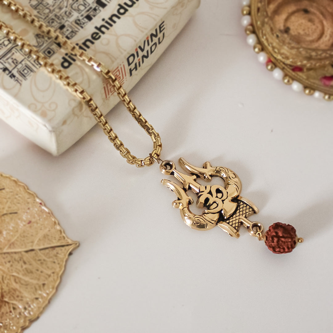 Gold Plated OM Shiva Trishul Chain Necklace - Sacred Symbol of ...